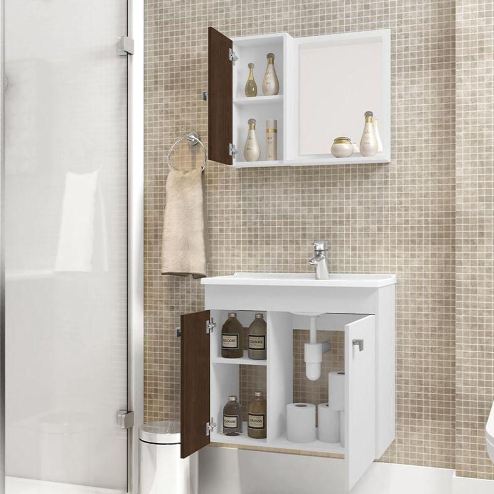 Gabinete Armario Banheiro Munique Com Cuba E Espelheira Branco/nogal ...