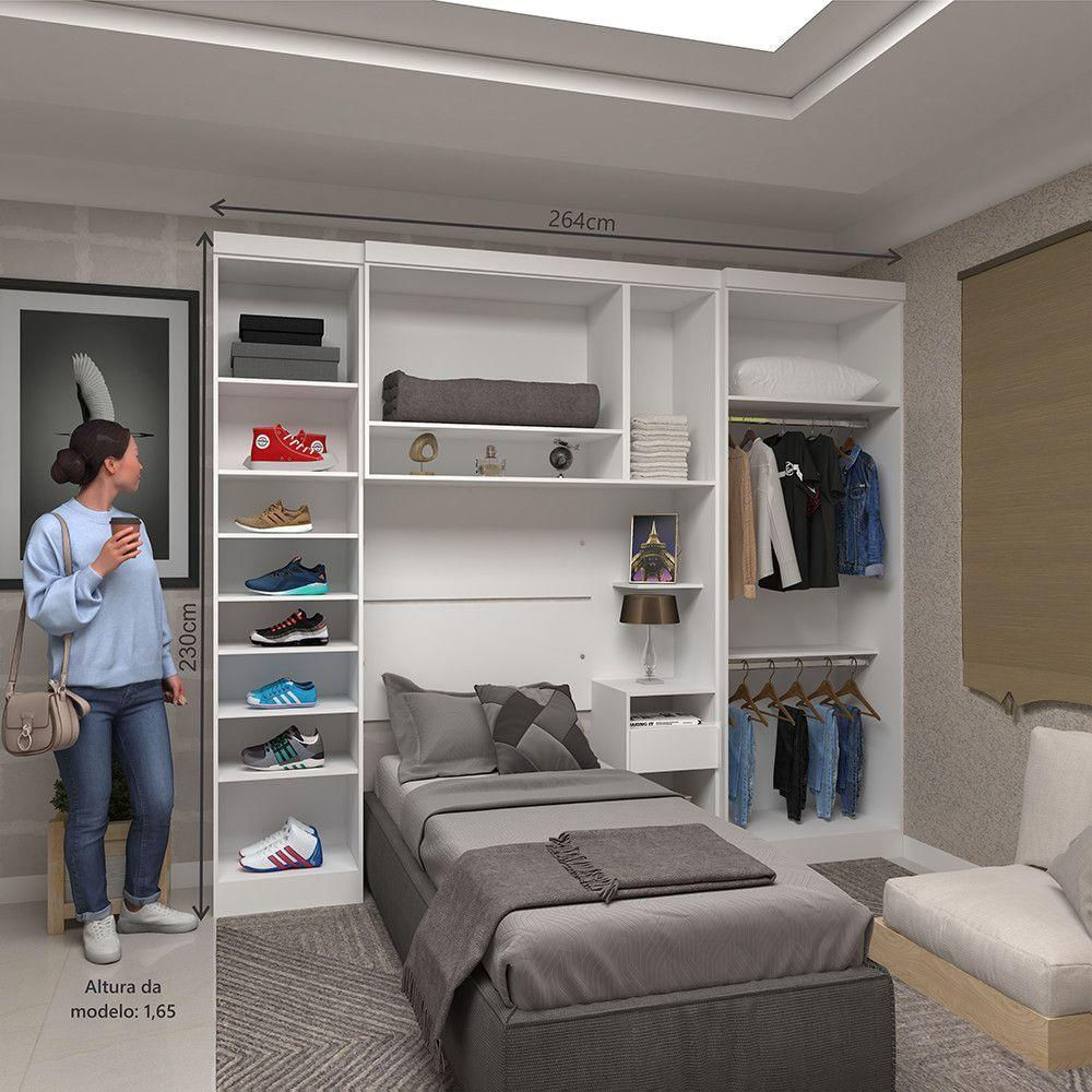 Quarto De Solteiro Com Guarda Roupas E Mesa De Cabeceira Alpes Luciane Móveis Branco Pf Com ...