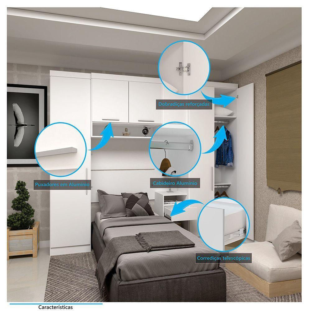 Quarto De Solteiro Com Guarda Roupas E Mesa De Cabeceira Alpes Luciane Móveis Branco Pf Com ...