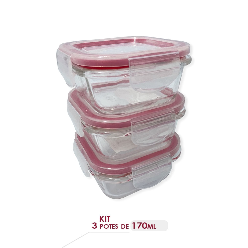 Conjunto 3 Potes De Vidro Com Tampa Hermética 170ml Quadrado em ...