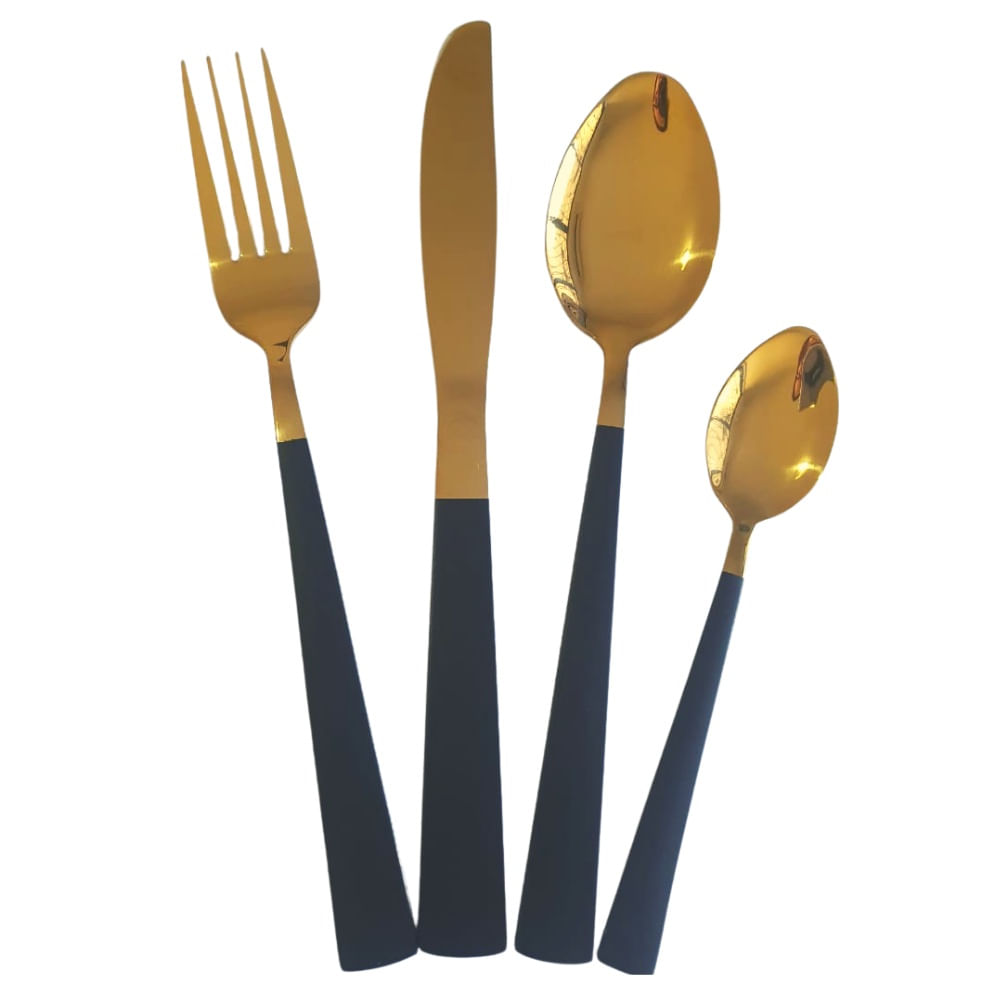Faqueiro 24 Peças Aço Inox pvd Dourado e Preto Bicolor com Suporte ...