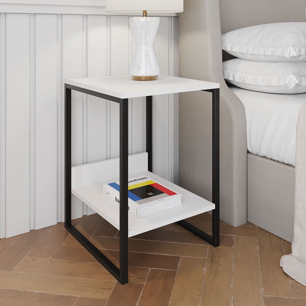 Mesa Cabeceira Industrial Branca Tókio Base Ferro Preto em Promoção ...