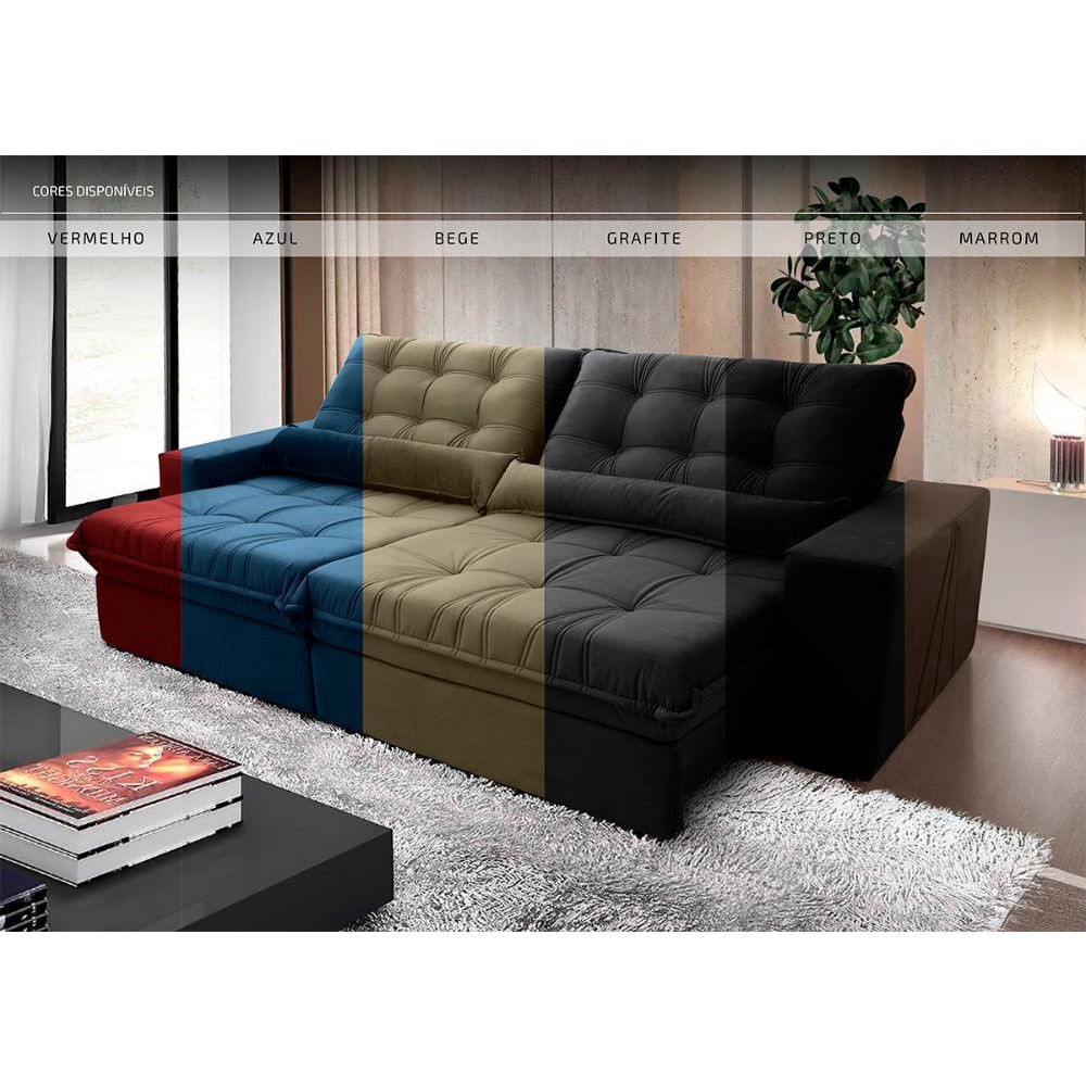 Sofá Retrátil/Reclinável Zurique 3,00m Suede Velut Azul Marinho c ...