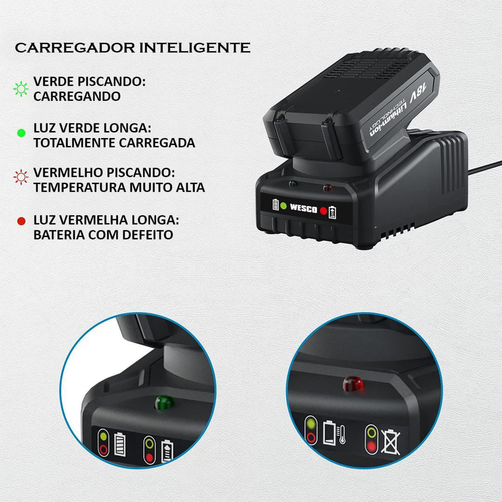 Kit Carregador Bivolt + Bateria 18V 2.0Ah Lítio Wesco Ws1105 em ...