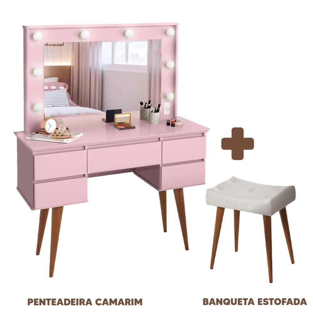 Penteadeira Com Pés Em Madeira Maciça E Espelho Rosa Ember Shop Jm em ...