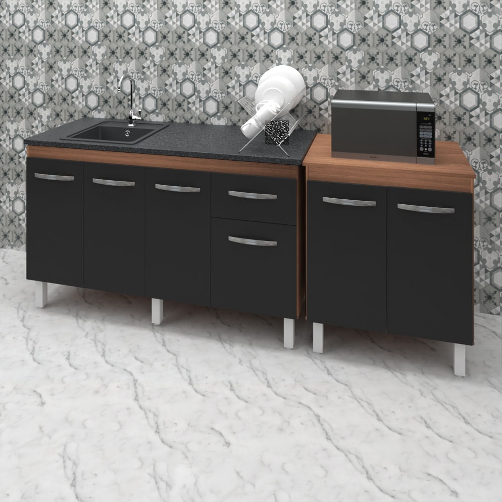 Armário Cozinha Gabinete Pia De 140 cm Camile Com Balcão Multiuso Micro ...