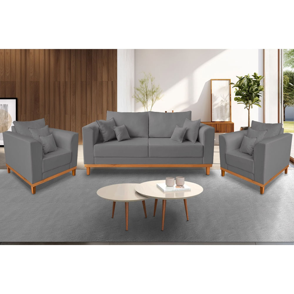 Kit Sofá 3 Lugares e 2 Poltronas Beny Viena Com Base de Madeira Linho Grafite - Madeira Prima ...