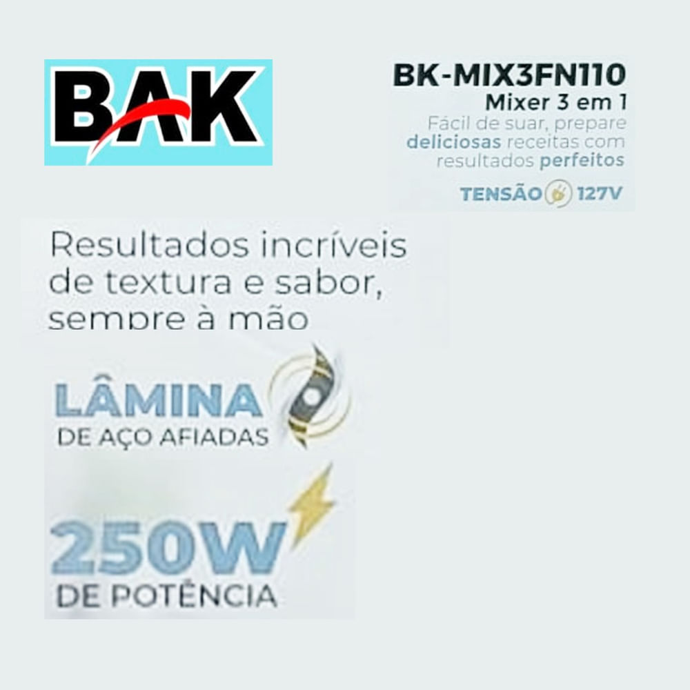Mixer Elétrico 3 em 1 110V 250W White Black Bak Premium Processador ...
