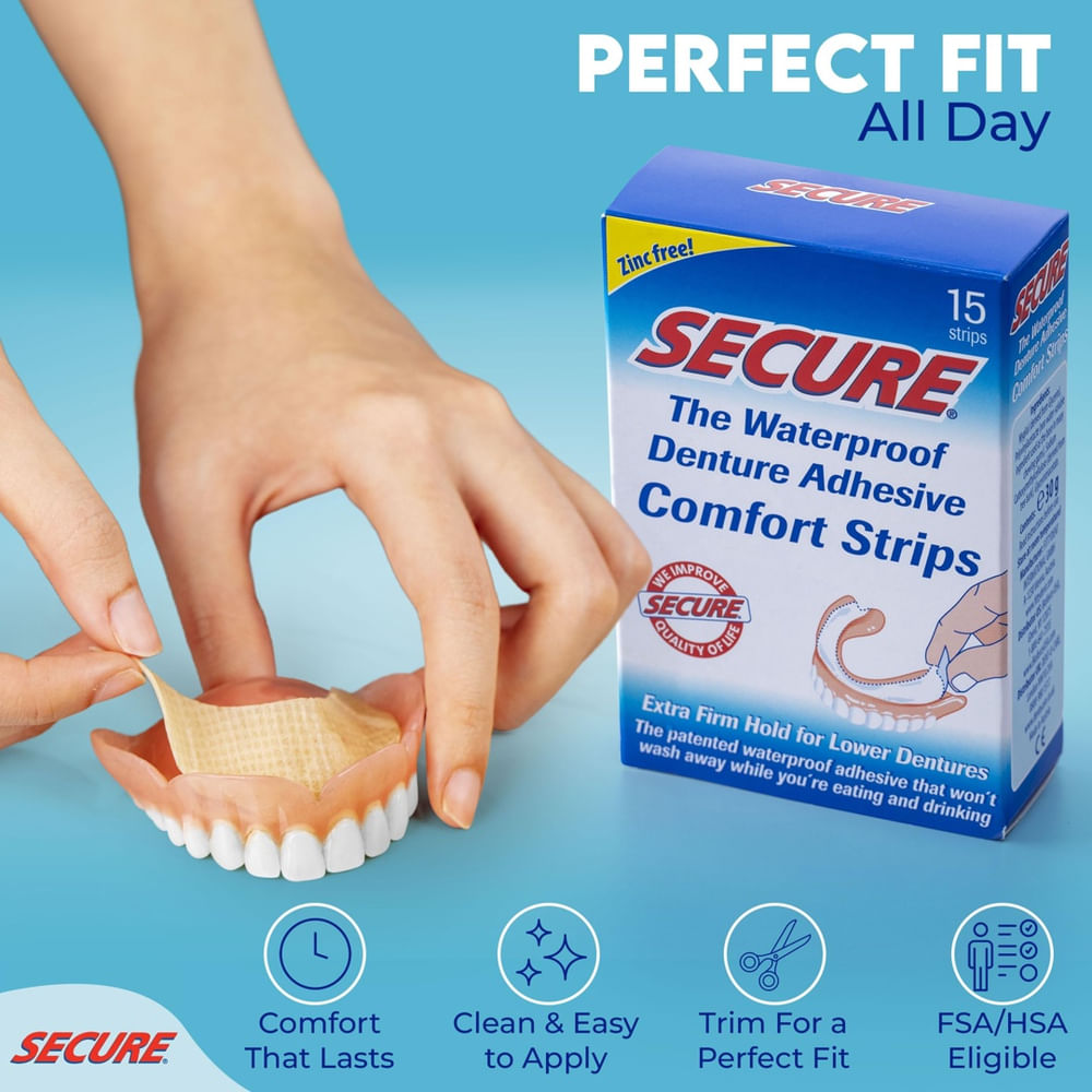 Adesivo para dentaduras Secure Comfort Strips à prova d'água x15 ...