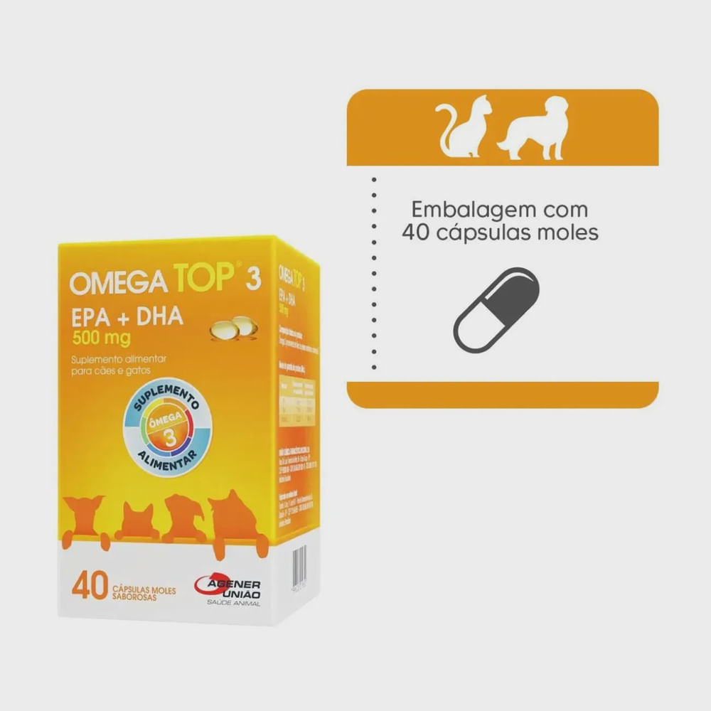 Omega Top 3 500mg Suplemento Alimentar para Cães e Gatos 40 Cápsulas em ...