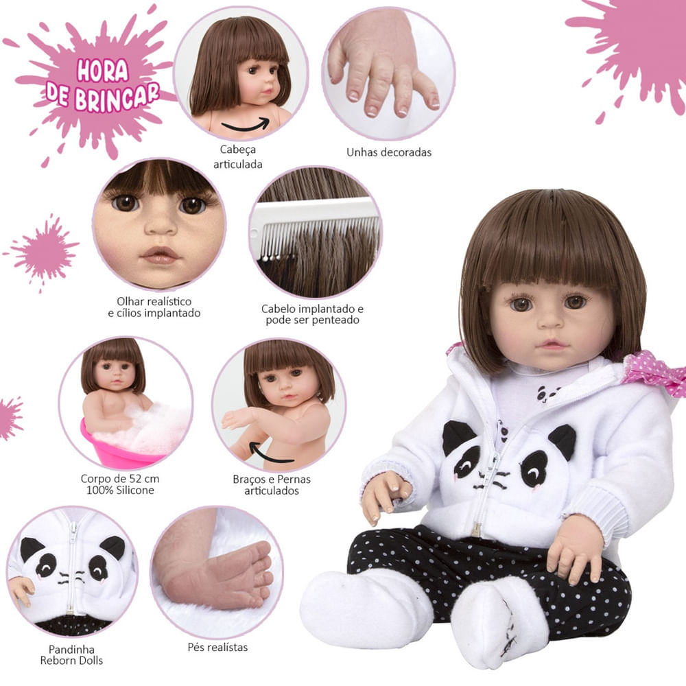 Boneca Reborn de Silicone Menina Pandinha Cabelo Castanho em Promoção ...