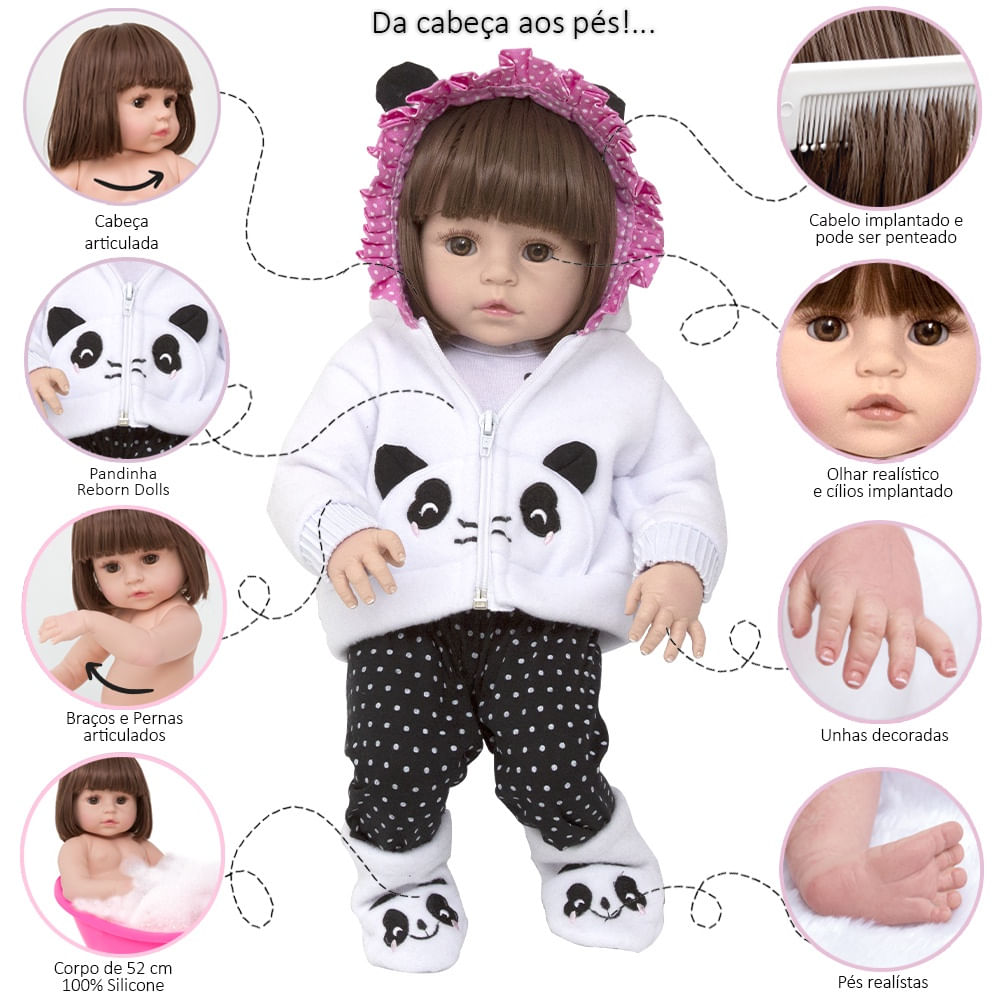 Boneca Reborn Pandinha Fofa Realista Completa Pode Dar Banho em ...