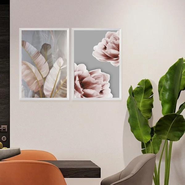 Kit 2 Quadros Flores Folhas Rosê E Cinza 45X34Cm - Com Vidro em ...