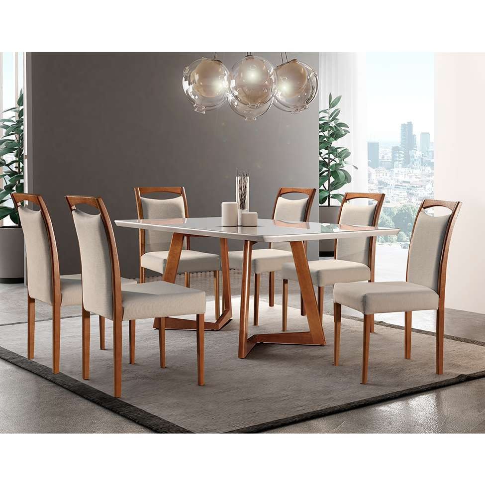 Conjunto de Mesa de Jantar com 6 Cadeiras Lívia Linho Off White e Turim ...