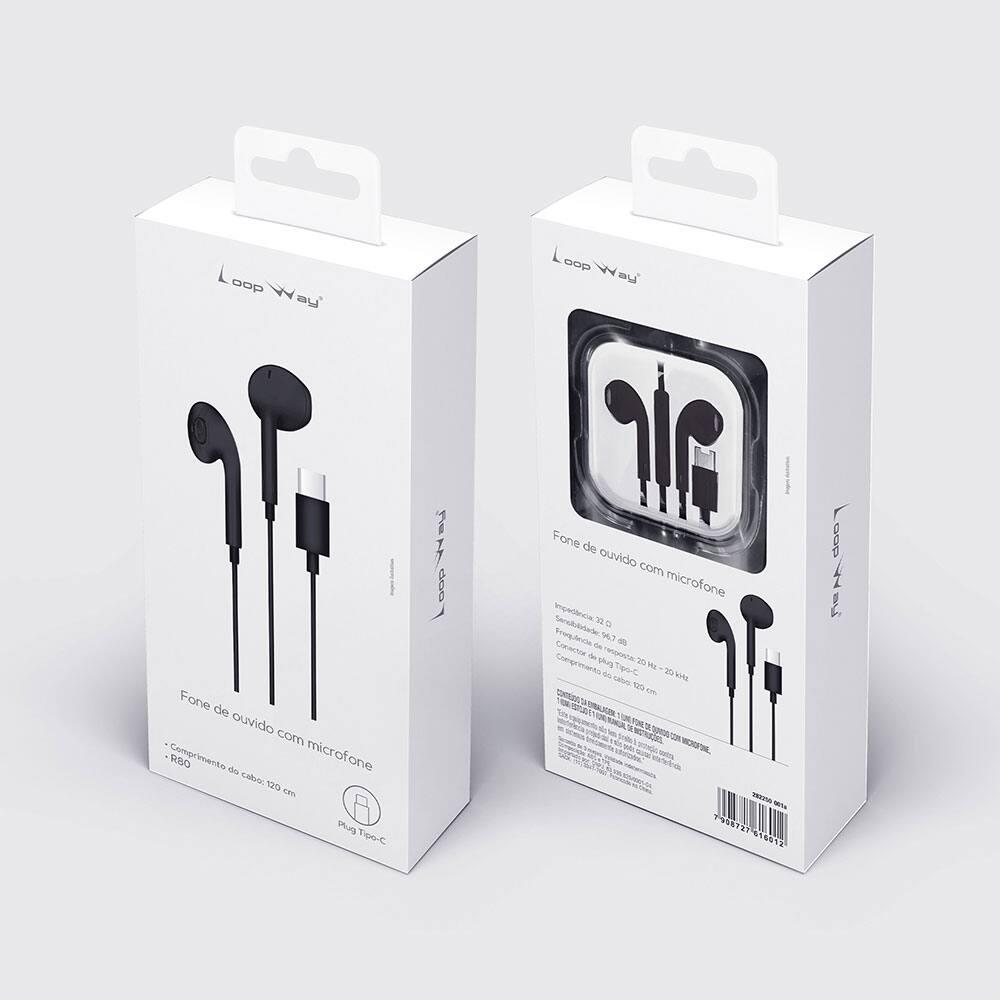 Fone de ouvido com microfone conexão USB Tipo-C Preto R80 Loop Way