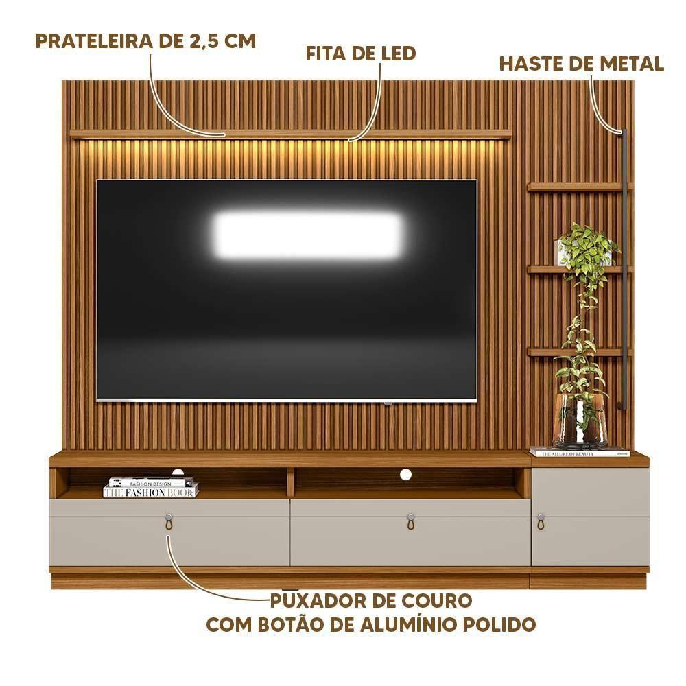 Rack Com Painel Ripado Modulado Para Tv Até 75 Polegadas Nature Off White Ouro Preto Linea Brasil