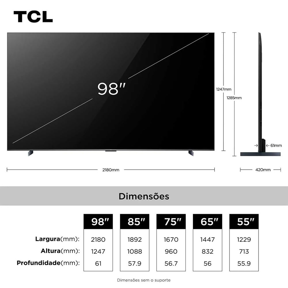 Smart TV TCL 98 Polegadas 98C6K 4K UHD QD-Mini Led Google Tv HDR 10+