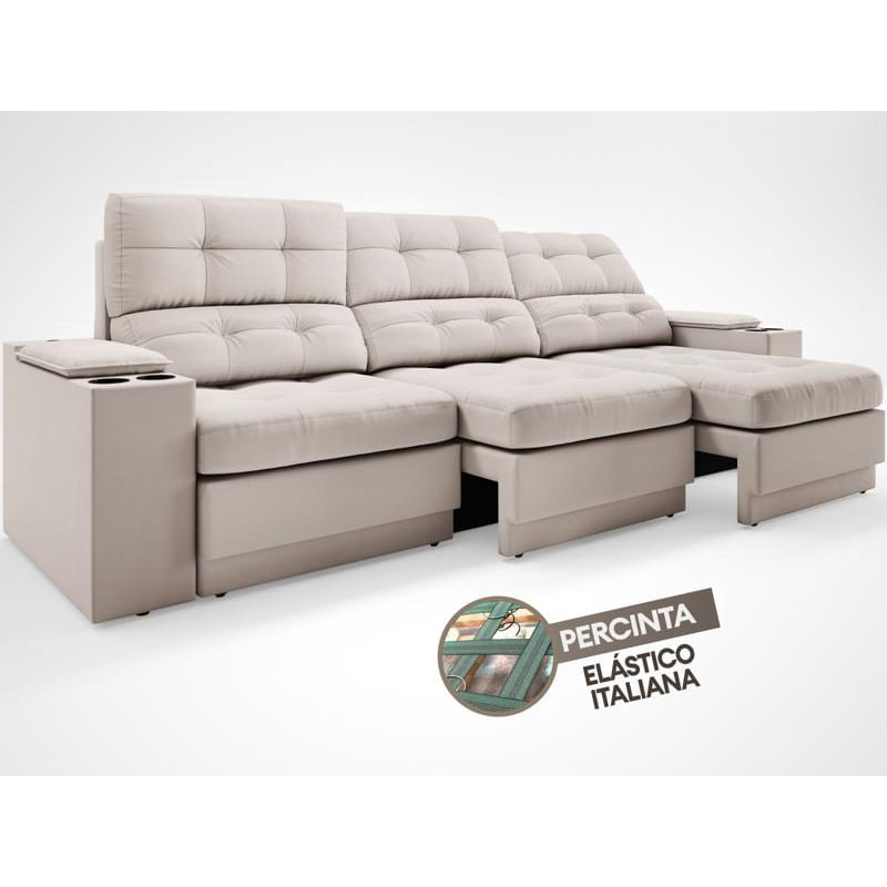 Sofá com Porta Copos e Carregador USB Eureka 2,30m Assento Retrátil e Reclinável Velosuede Areia ...