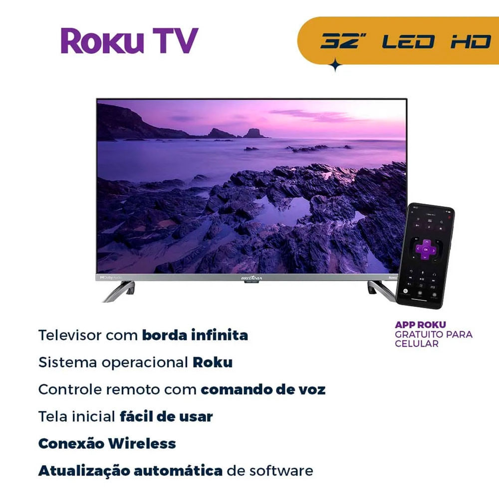 Smart TV Britânia 32 Polegadas HD LED Dolby Áudio Roku TV 3 hdmi 2 USB BTV32G7PR2CSGBLH em ...