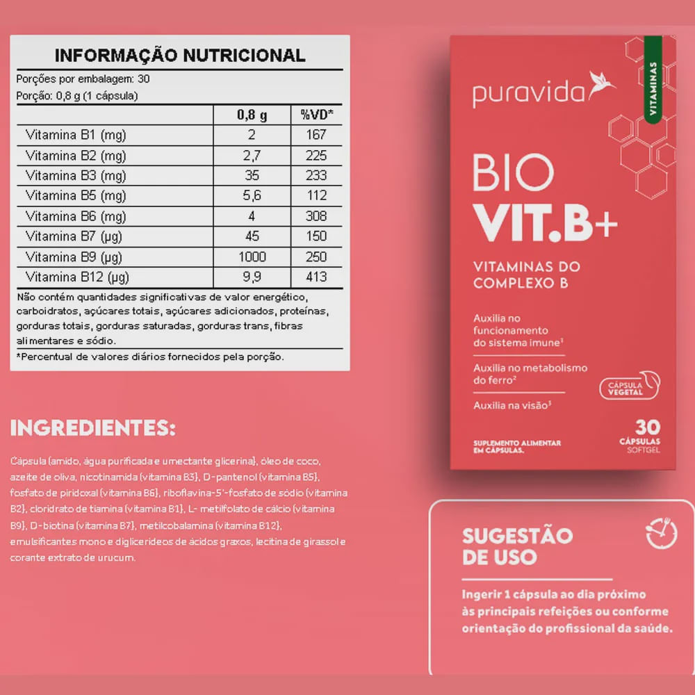 Bio Vit B Pura Vida - Vitaminas do Complexo B - Kit 3x 30 Capsulas cada ...