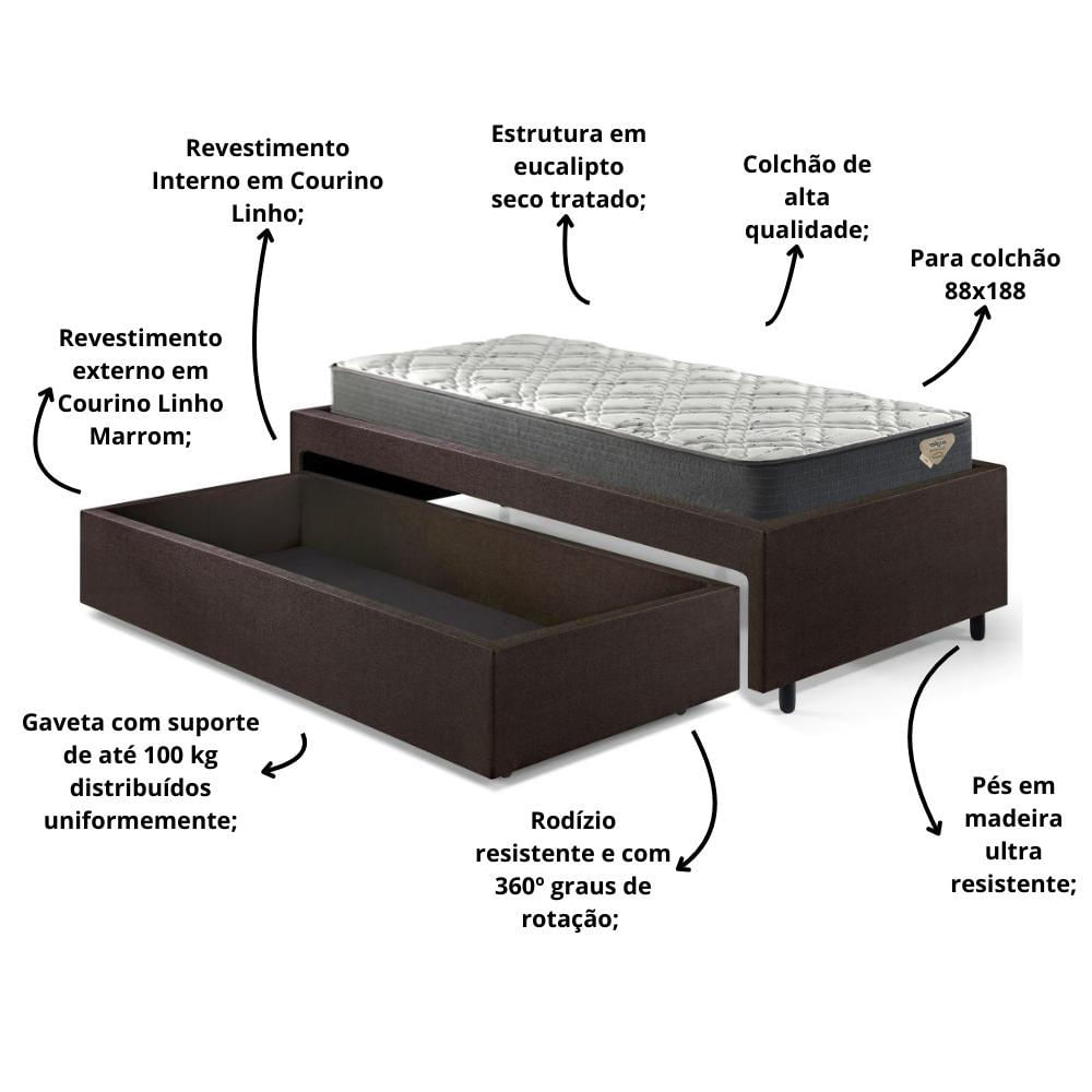 Cama Box Solteiro com Gaveta 88x188 cm Revestida em Courino Linho ...