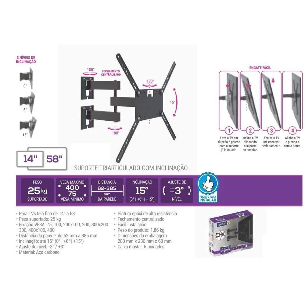 Suporte Articulado Articulavel 32 42 43 50 55 Polegadas Braço Longo em ...