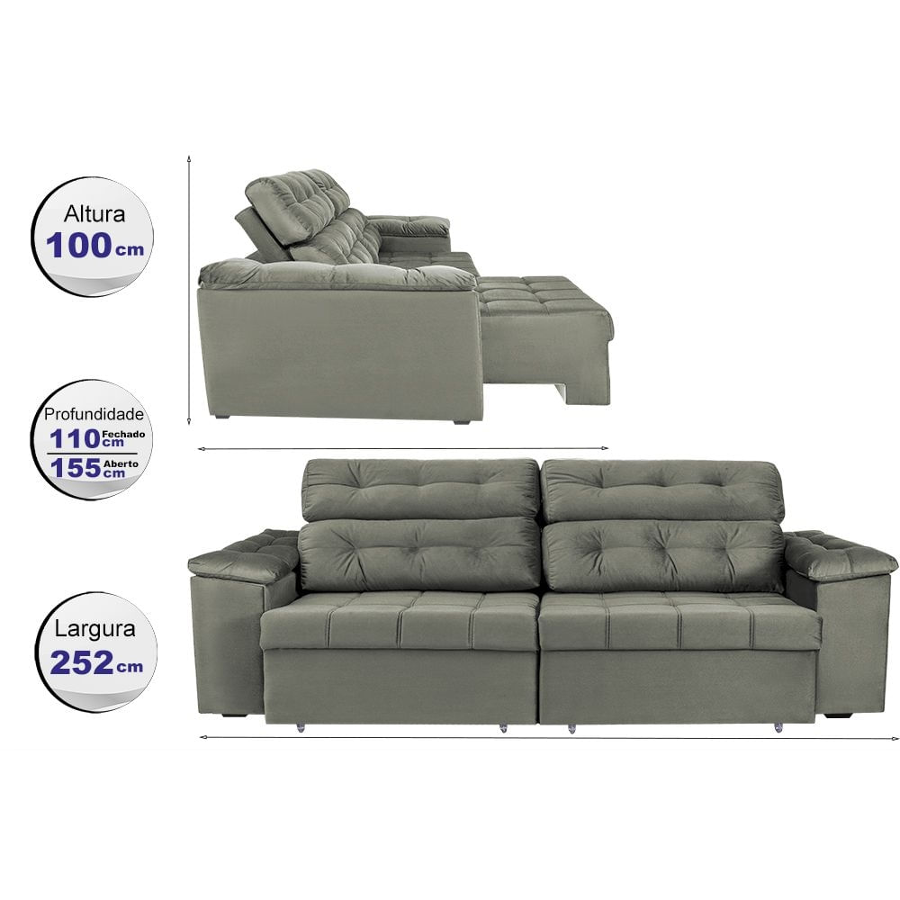 Sofá New Itália 2,52 Mts Retrátil e Reclinável Tecido Suede Cinza ...